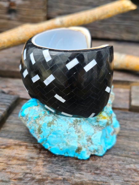 Jet and Mother of Pearl Inlay Cuff by Charlene Reano - 6 1/2 in. – Santa Fe Silver Art