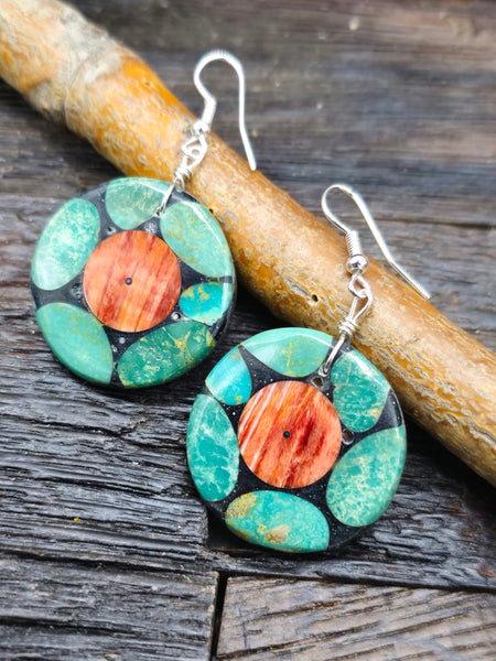 Turquoise, Jet, and Spiny Mosaic Inlay Earrings by Daniel Coriz – Santa ...